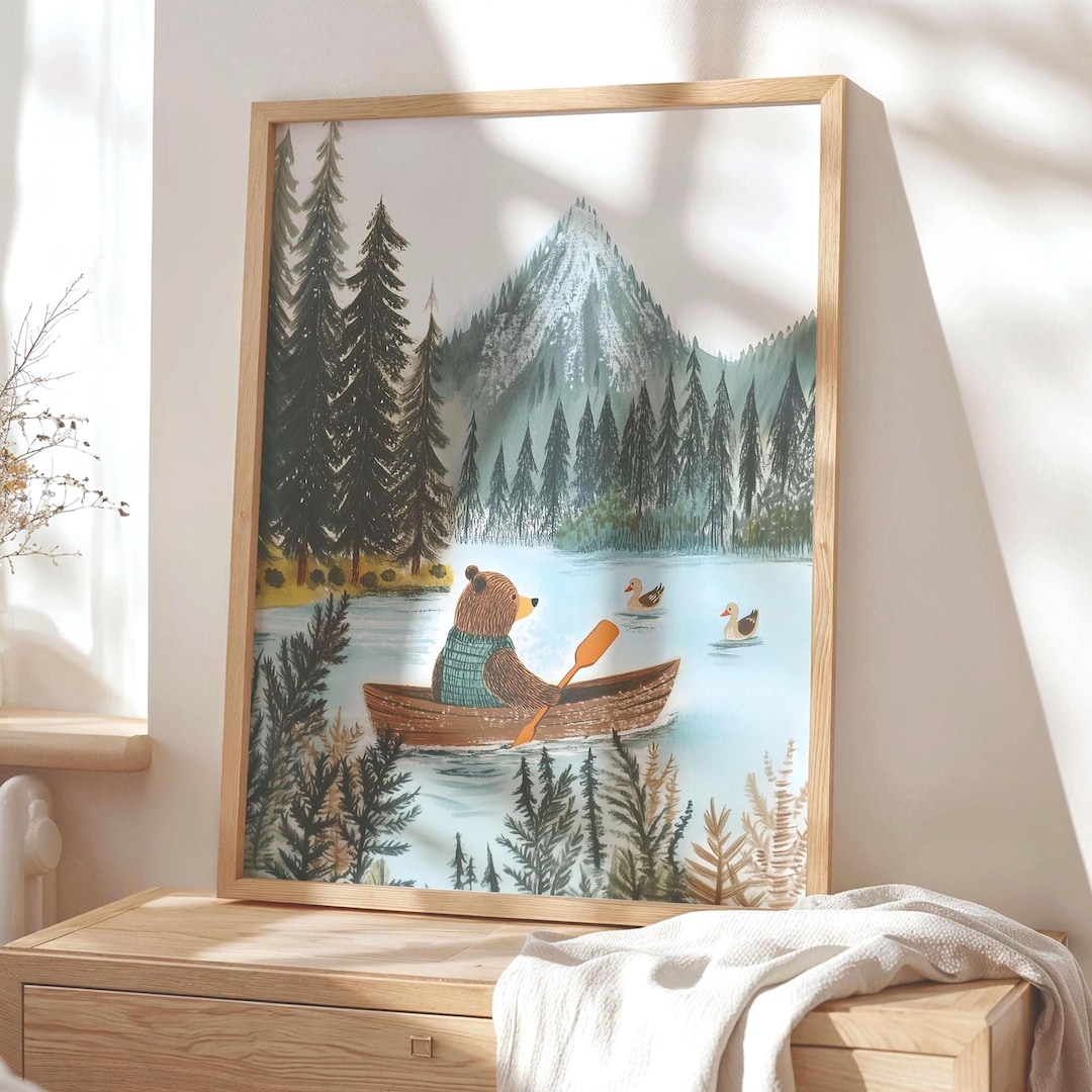 Vintage Woodland Bear Canoe Adventure - Kids Room Prints, Animal ...