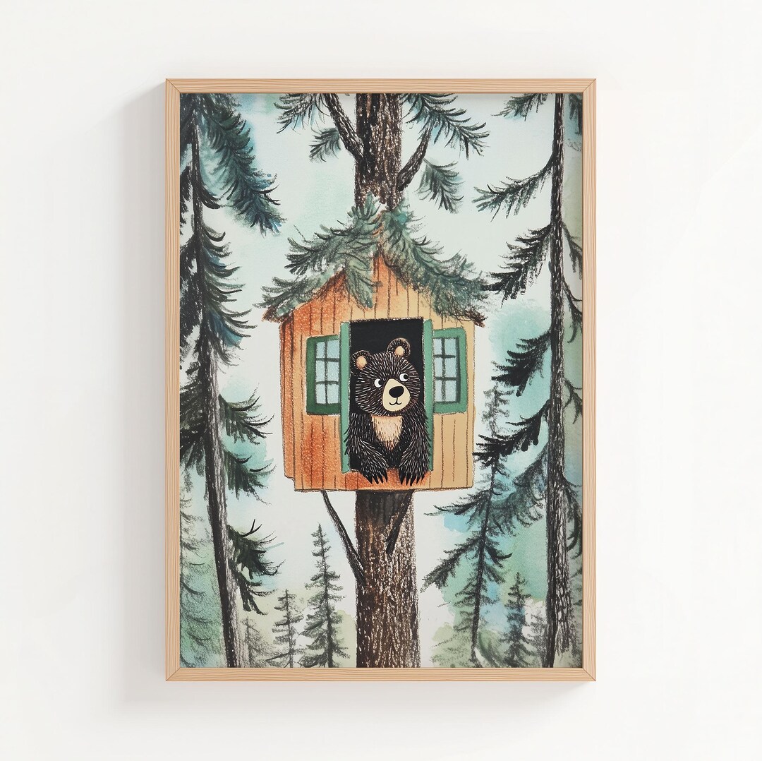 Bear Treehouse Woodland Nature Print, Playroom Decor, Playful Children ...
