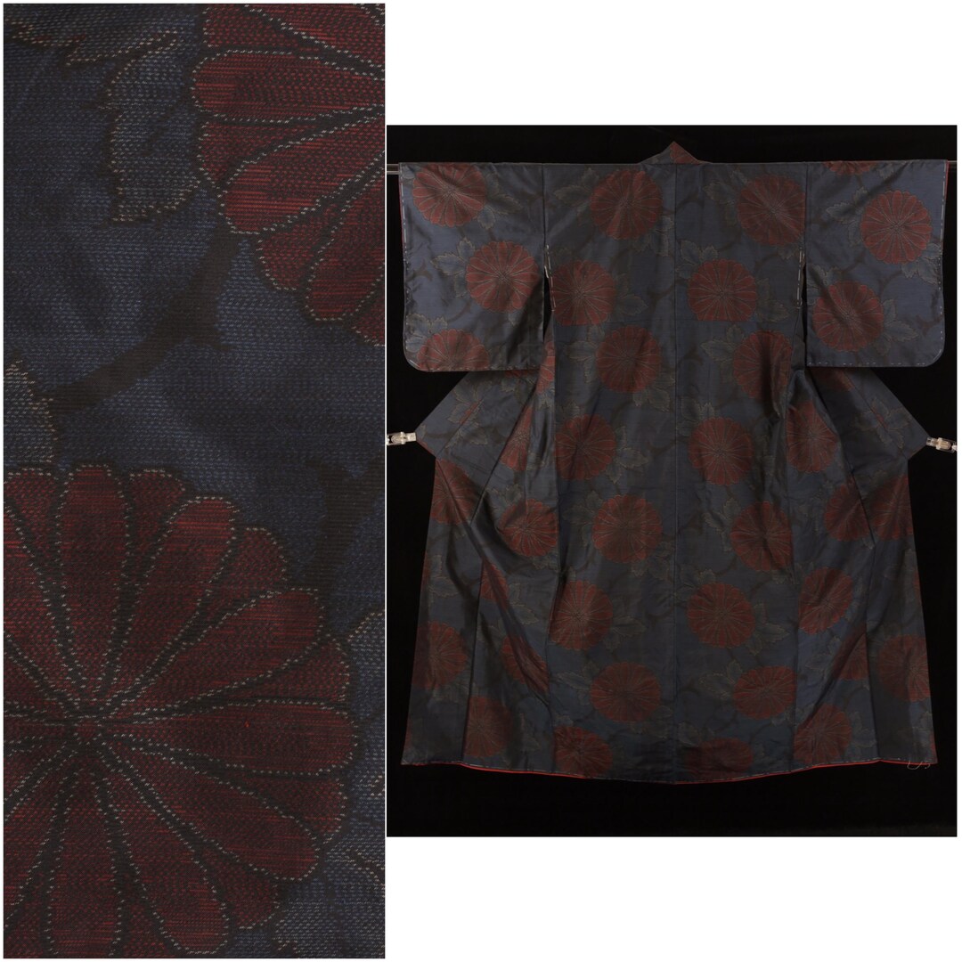Vintage Flower Pattern Oshima Tsumugi Pongee Silk Kimono | Kimono ...