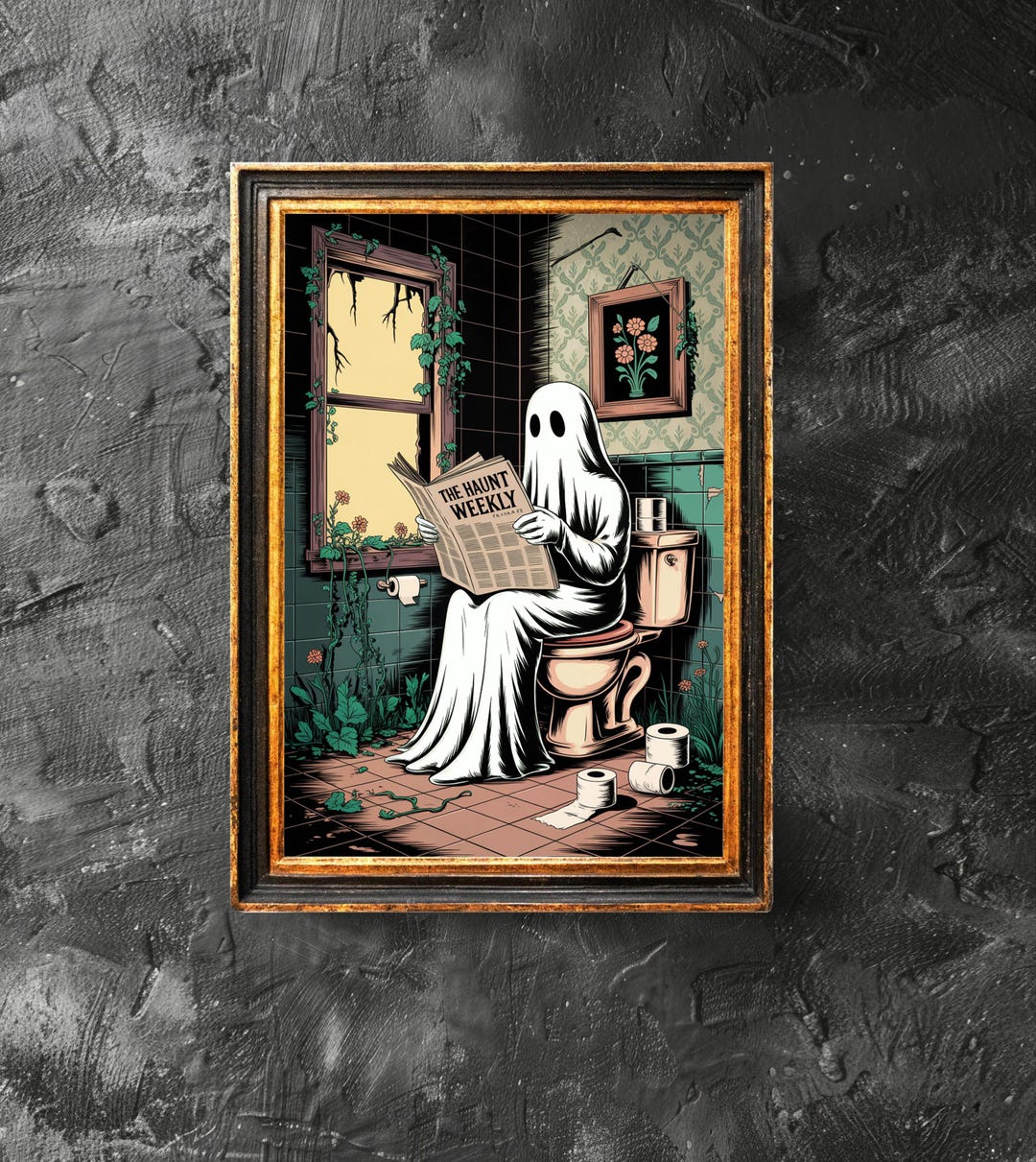 Ghost Reading A Newspaper on Toilet Poster, Spooky Book Decor, Vintage ...