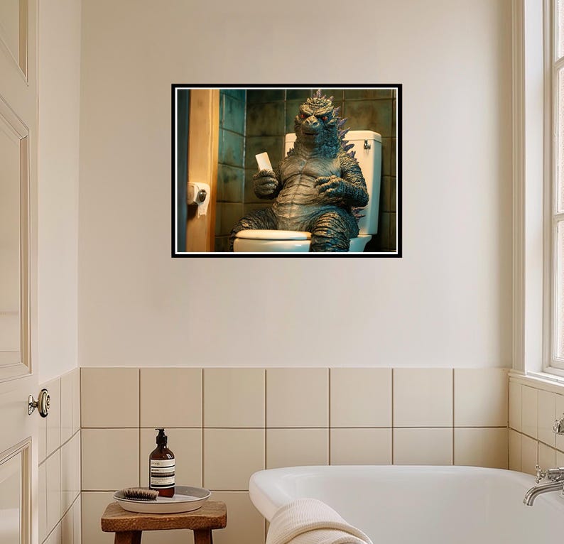 Godzilla Poster, Godzilla Funny Bathroom Poster, Funny Bathroom Wall ...