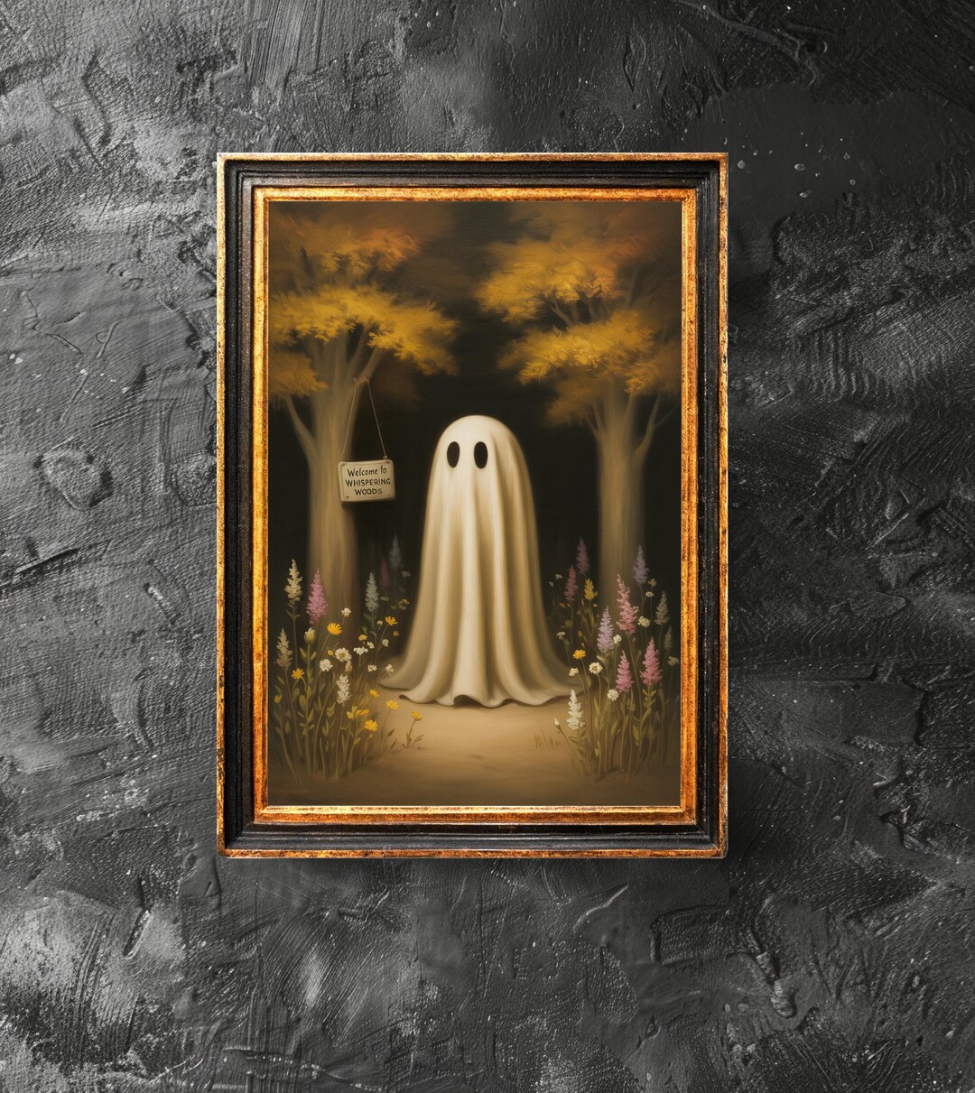 Ghost in the Flower Forest Poster, Printable Spooky Art, Cute Ghost ...