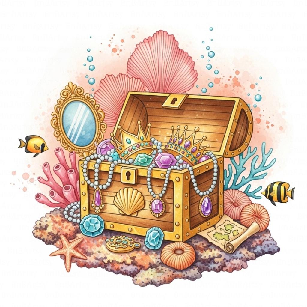 Treasure Chest Clipart, Watercolor Mermaid (digital Download ...