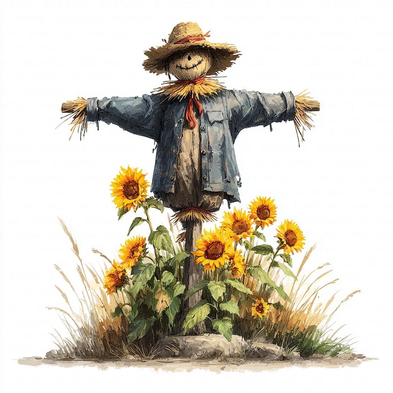 12 Fall Scarecrow Clipart, Autumn Field Flowers Clipart, Printable ...