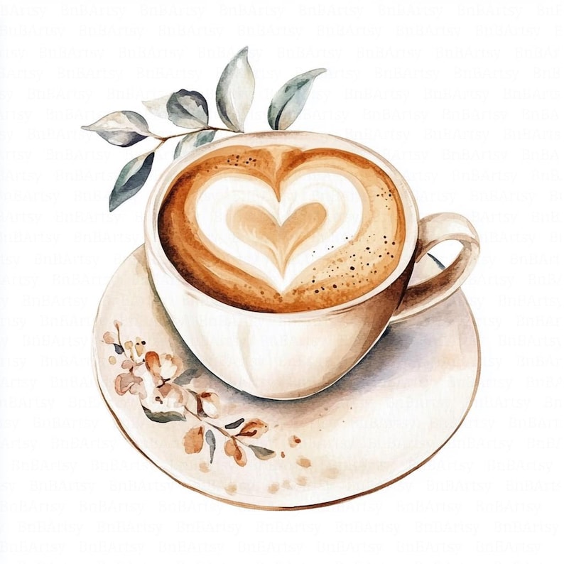 12 Coffee Latte Clipart, Heart Coffee Cup, Printable Watercolor Clipart ...