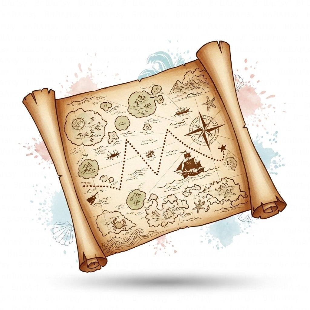Vintage Pirate Treasure Map Scroll Clipart, Watercolor Fantasy Art ...