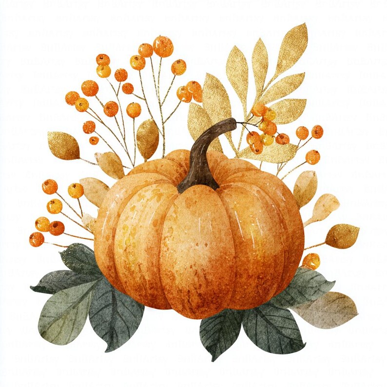 12 Rustic Pumpkin Clipart, Cozy Fall Pumpkin, Printable Watercolor ...