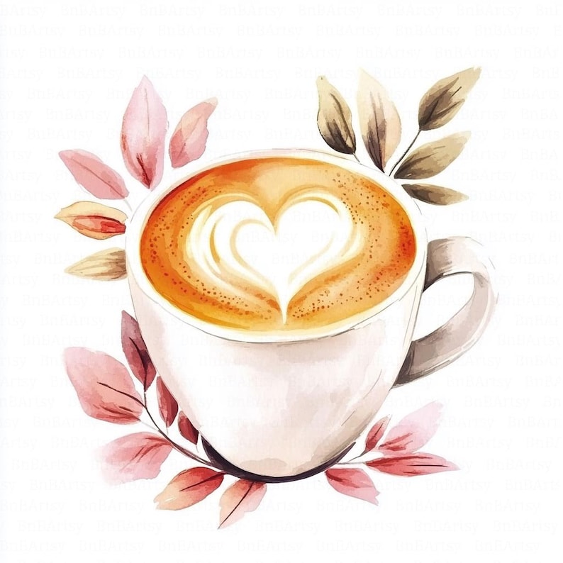 12 Coffee Latte Clipart, Heart Coffee Cup, Printable Watercolor Clipart ...