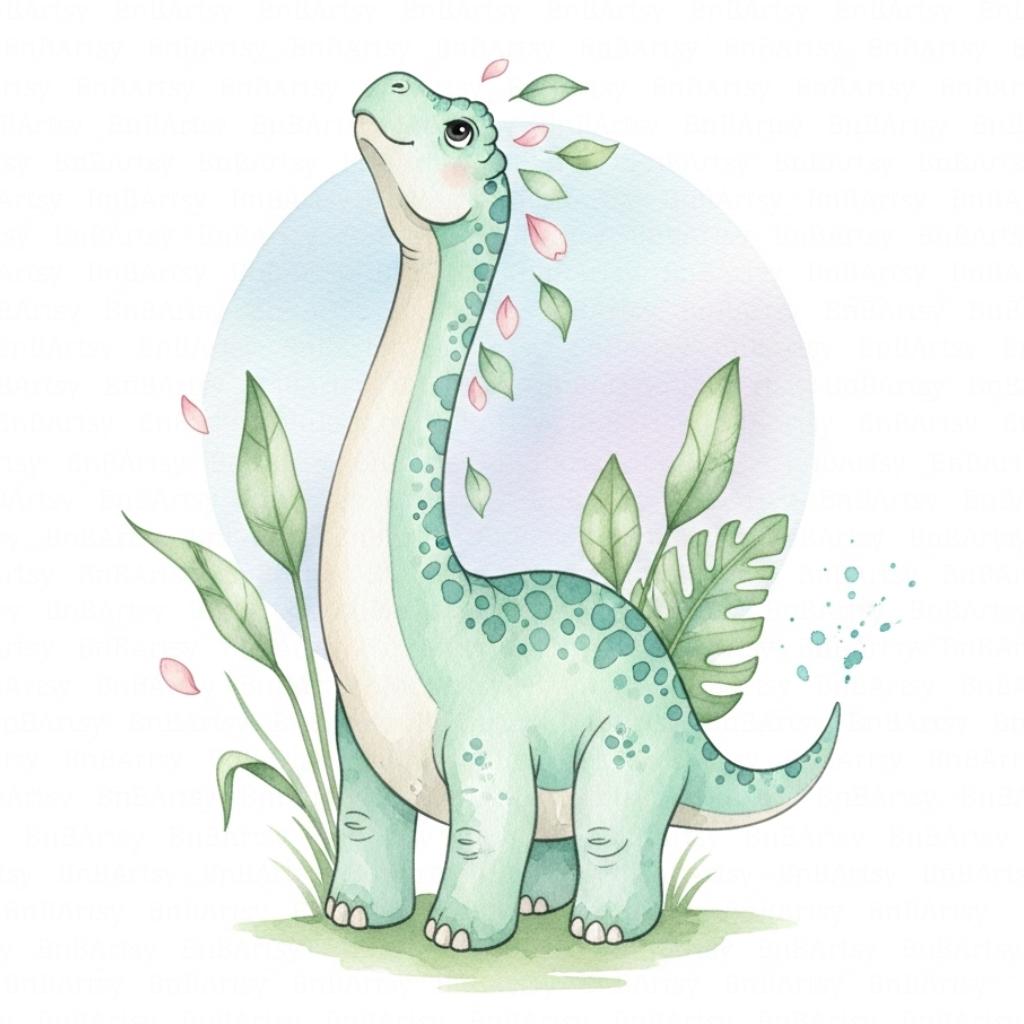 Baby Brontosaurus Clipart, Watercolor Dinosaur Art, Nursery Decor ...