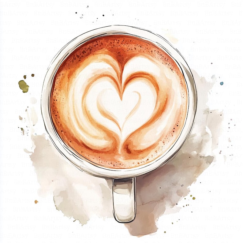 12 Coffee Latte Clipart, Heart Coffee Cup, Printable Watercolor Clipart ...