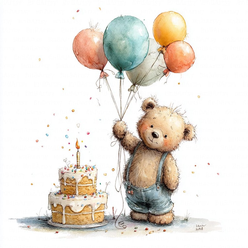 11 Cute Baby Bear Birthday Clipart, Party Clipart, Printable Watercolor ...
