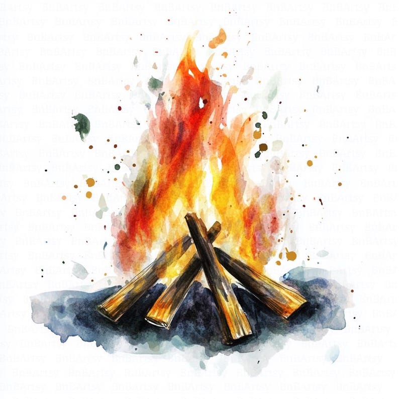 10 Bonfire Clipart, Fireplace, Campfire Clipart, Printable Watercolor ...