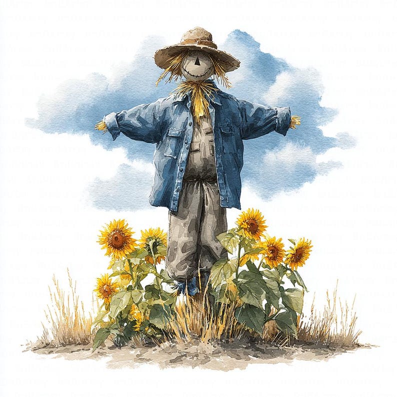 12 Fall Scarecrow Clipart, Autumn Field Flowers Clipart, Printable ...