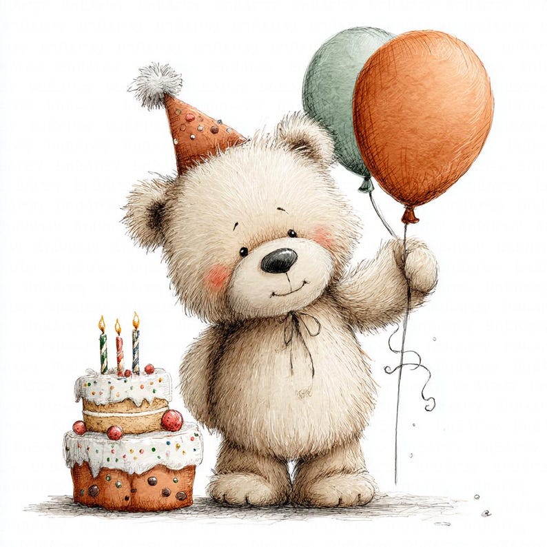11 Cute Baby Bear Birthday Clipart, Party Clipart, Printable Watercolor ...