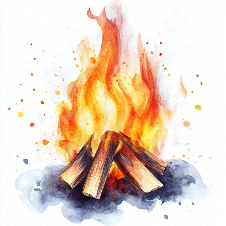 10 Bonfire Clipart, Fireplace, Campfire Clipart, Printable Watercolor ...