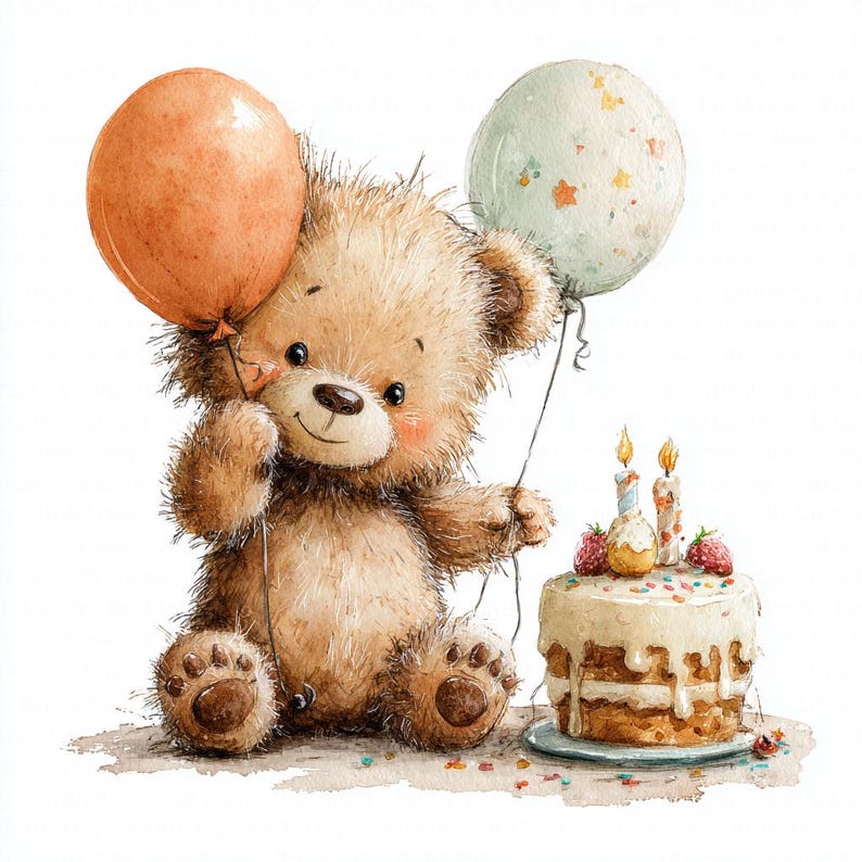 11 Cute Baby Bear Birthday Clipart, Party Clipart, Printable Watercolor ...