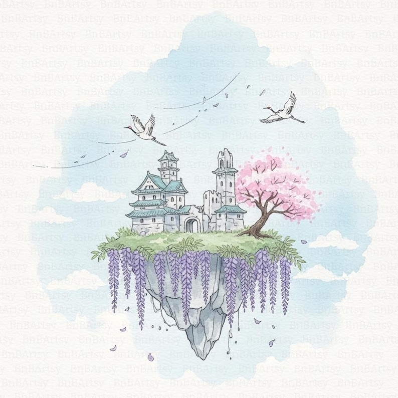 12 Japanese Floating Island Clipart, Asian Fantasy, Surreal Japanese ...
