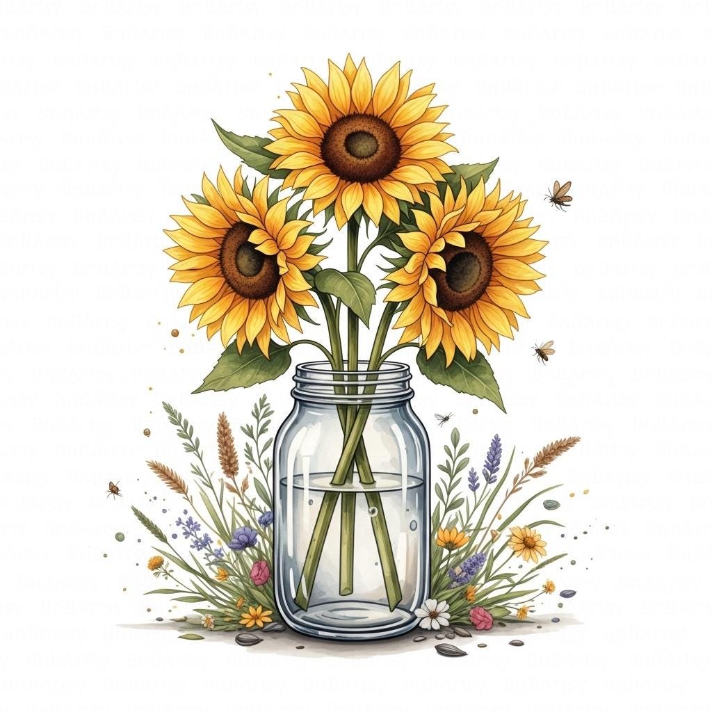 14 Sunflower Mason Jar Clipart, Rustic Sunflowers, Printable Watercolor ...