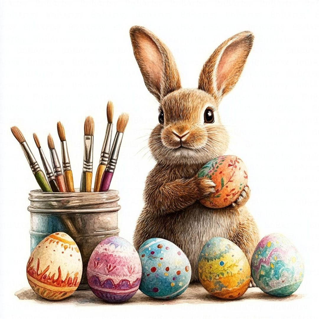 10 Easter Bunny Painting Eggs Clipart, Printable Watercolor Clipart ...