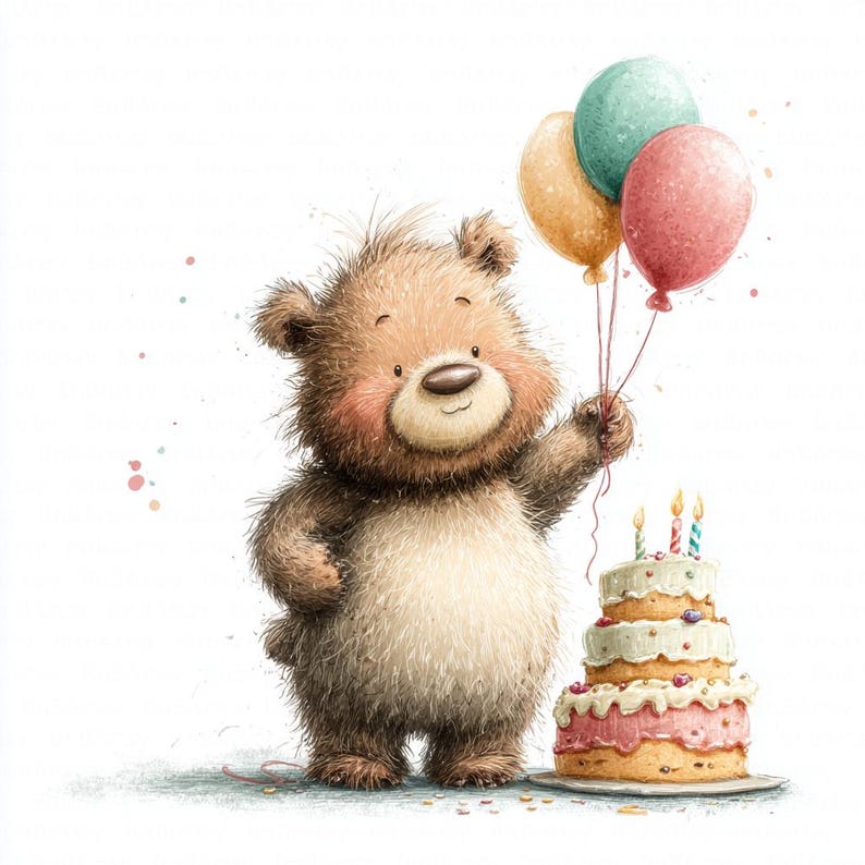 11 Cute Baby Bear Birthday Clipart, Party Clipart, Printable Watercolor ...