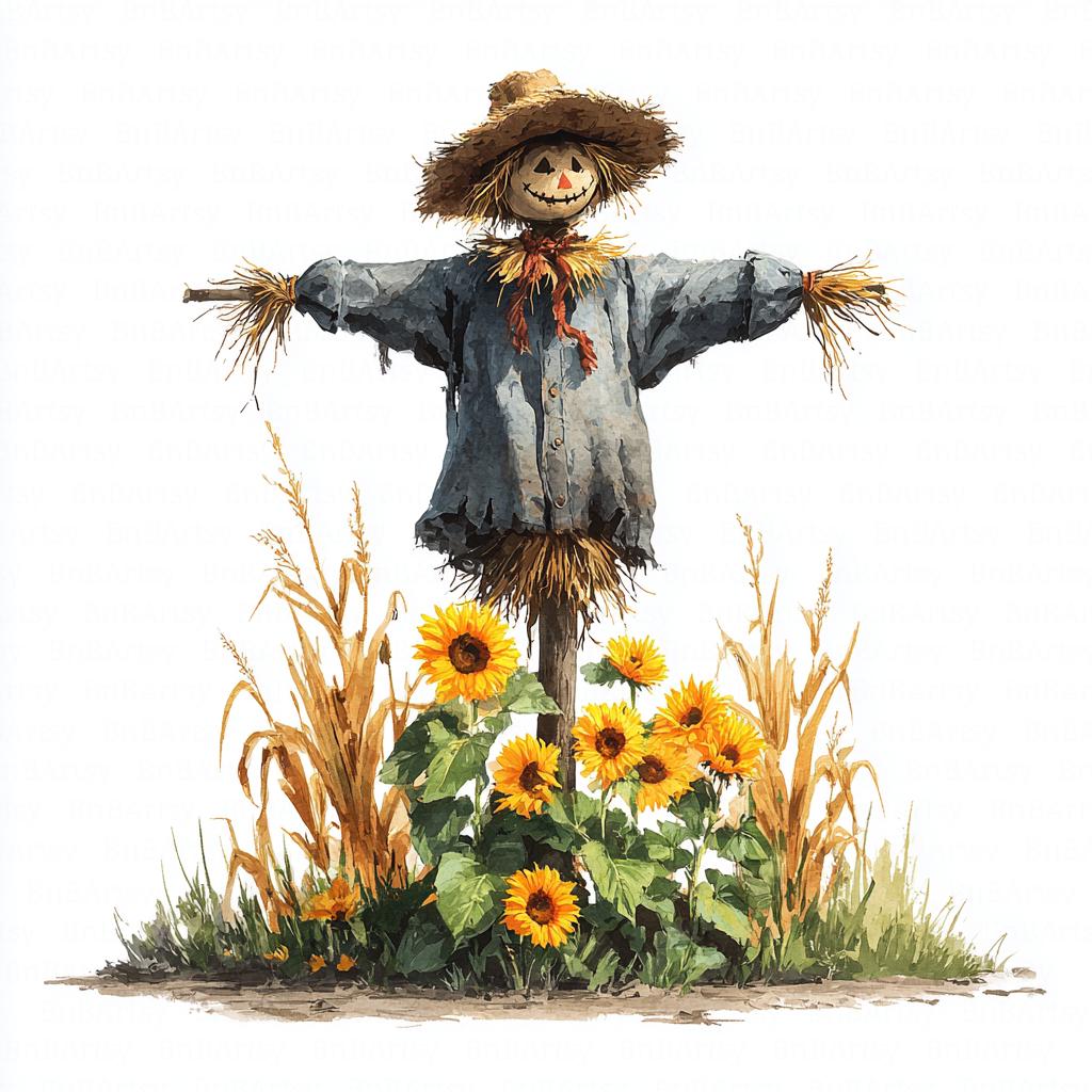 12 Fall Scarecrow Clipart, Autumn Field Flowers Clipart, Printable ...