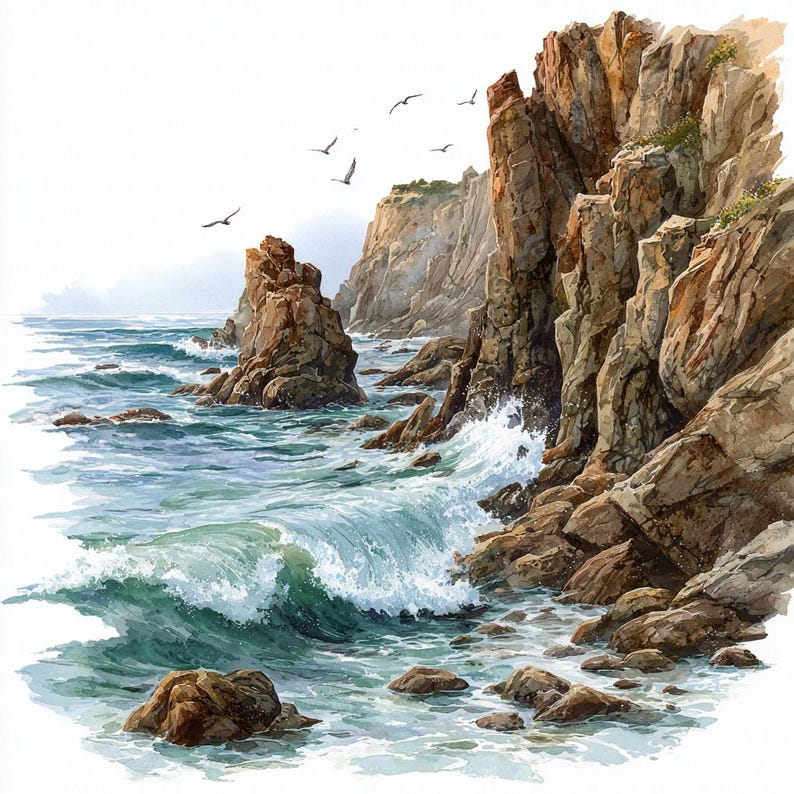 Watercolor Coastal Cliff Clipart, 10 Printable Rugged Shoreline ...