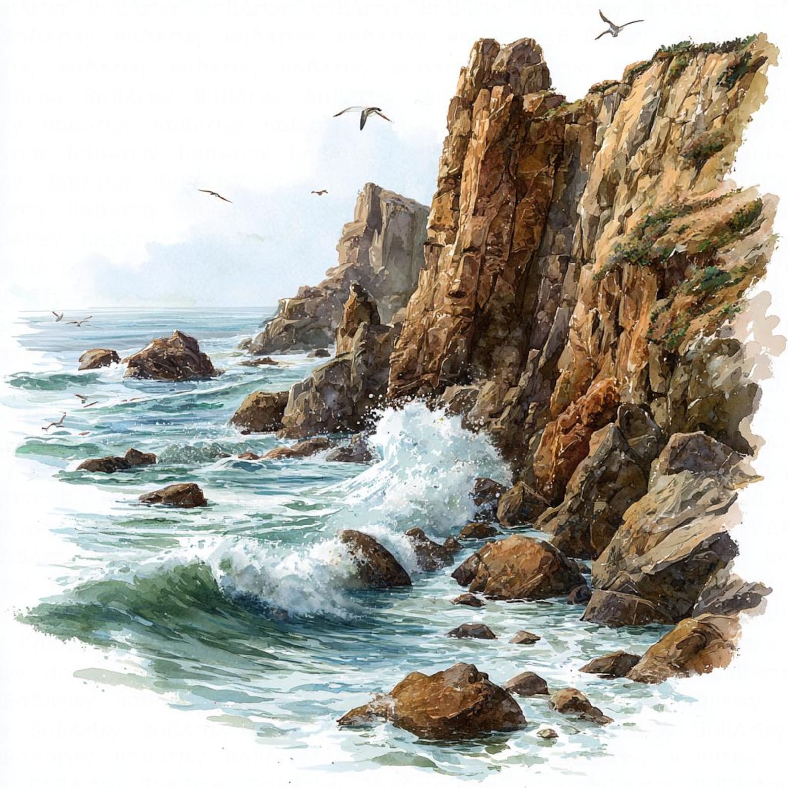 Watercolor Coastal Cliff Clipart, 10 Printable Rugged Shoreline ...