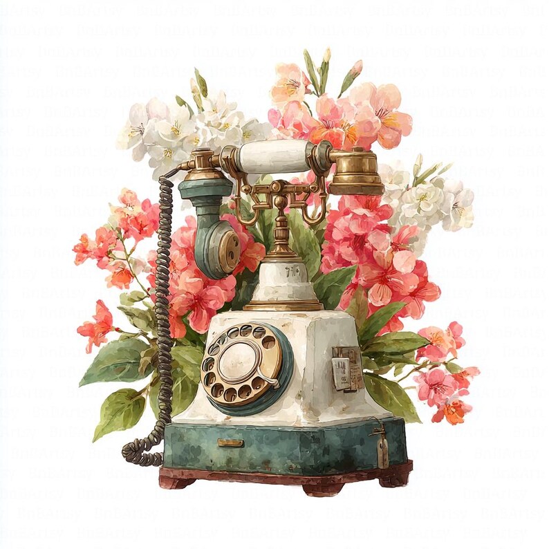 9 Floral Vintage Telephone Clipart, Retro Phone, Printable Watercolor ...