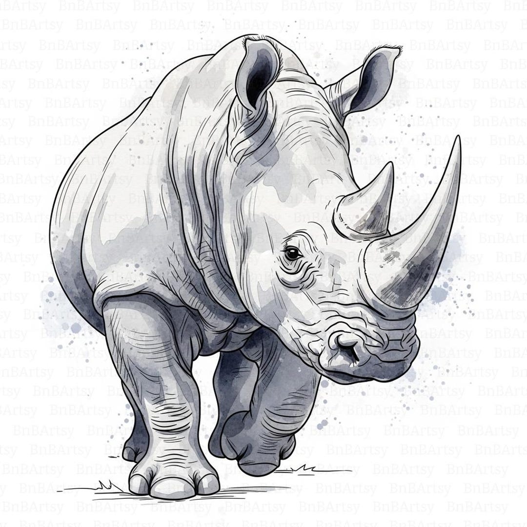 10 Rhino Clipart, Watercolor Rhinoceros, Line Art Animal, Printable ...