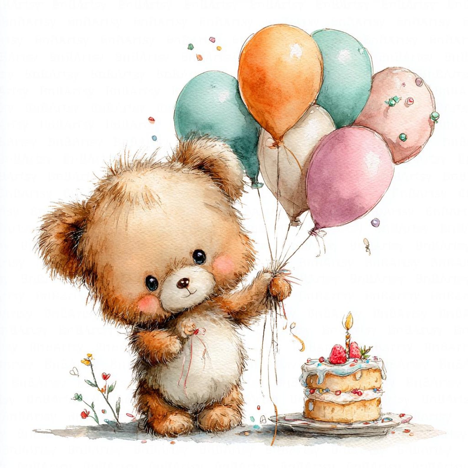 11 Cute Baby Bear Birthday Clipart, Party Clipart, Printable Watercolor ...