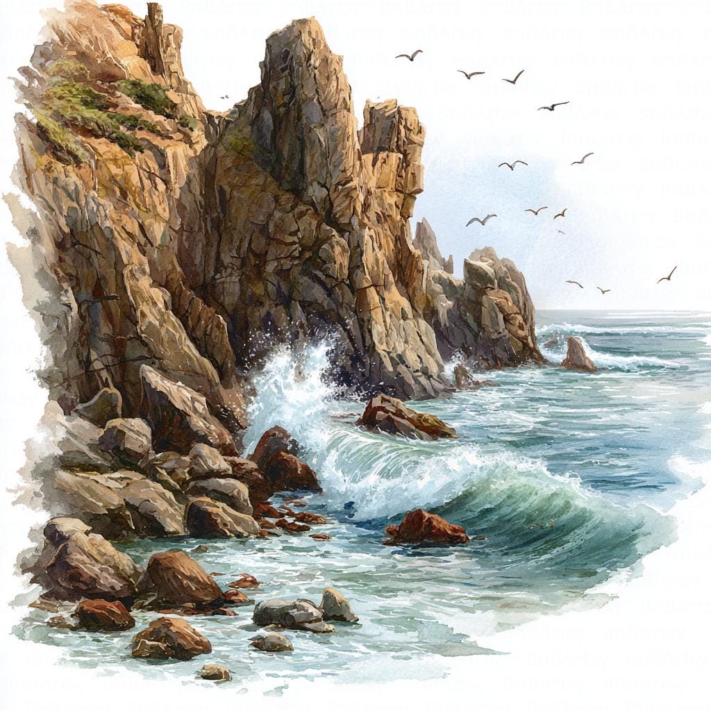 Watercolor Coastal Cliff Clipart, 10 Printable Rugged Shoreline ...
