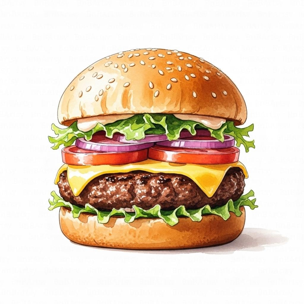 Classic Cheeseburger, Printable Watercolor Food Clipart (digital ...