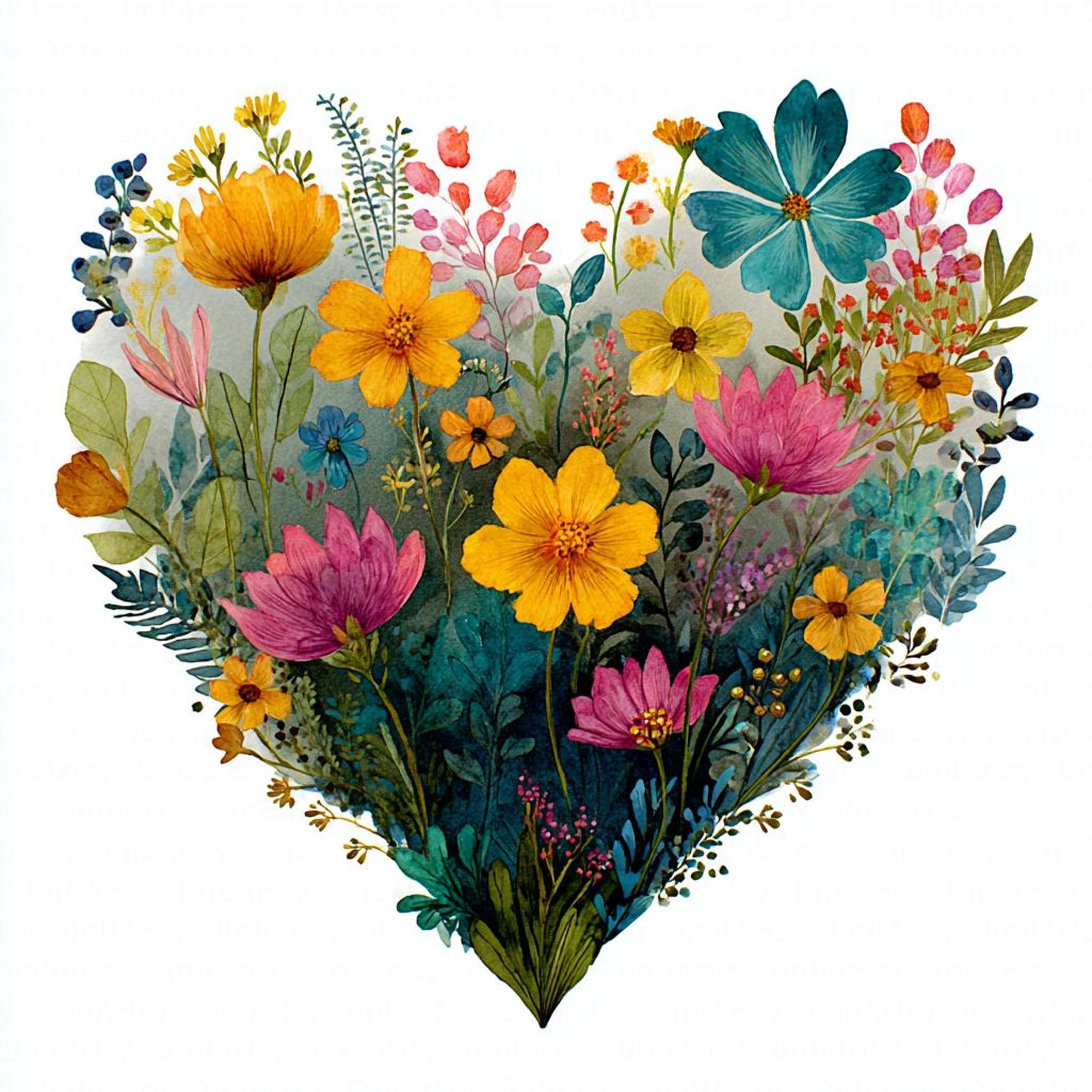 13 Wildflower Heart Clipart, Floral Wreath Clipart, Printable ...