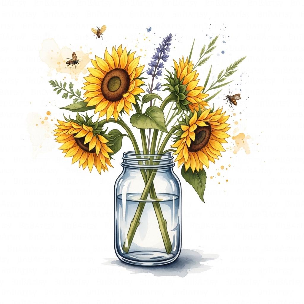 14 Sunflower Mason Jar Clipart, Rustic Sunflowers, Printable Watercolor ...