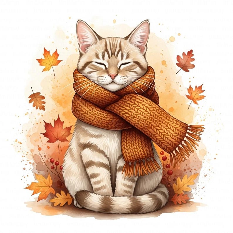 13 Cute Fall Cat Clipart, Cozy Cat, Fall Kitten, Printable Watercolor ...