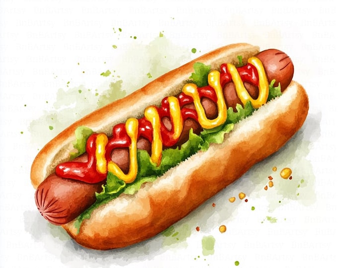 Watercolor Hot Dog Clipart Bundle: Fast Food Art, 10 Watercolor JPG ...