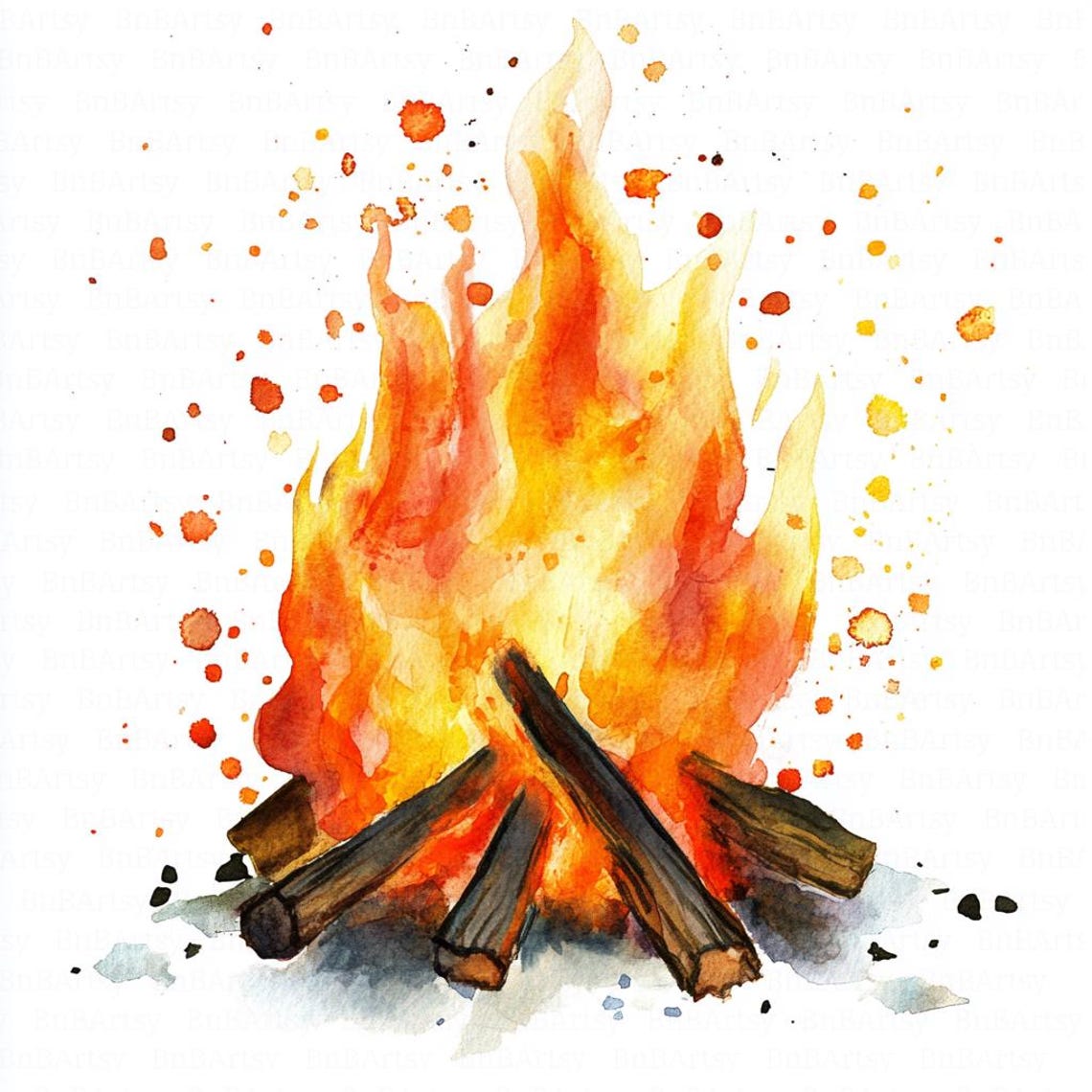 10 Bonfire Clipart, Fireplace, Campfire Clipart, Printable Watercolor ...