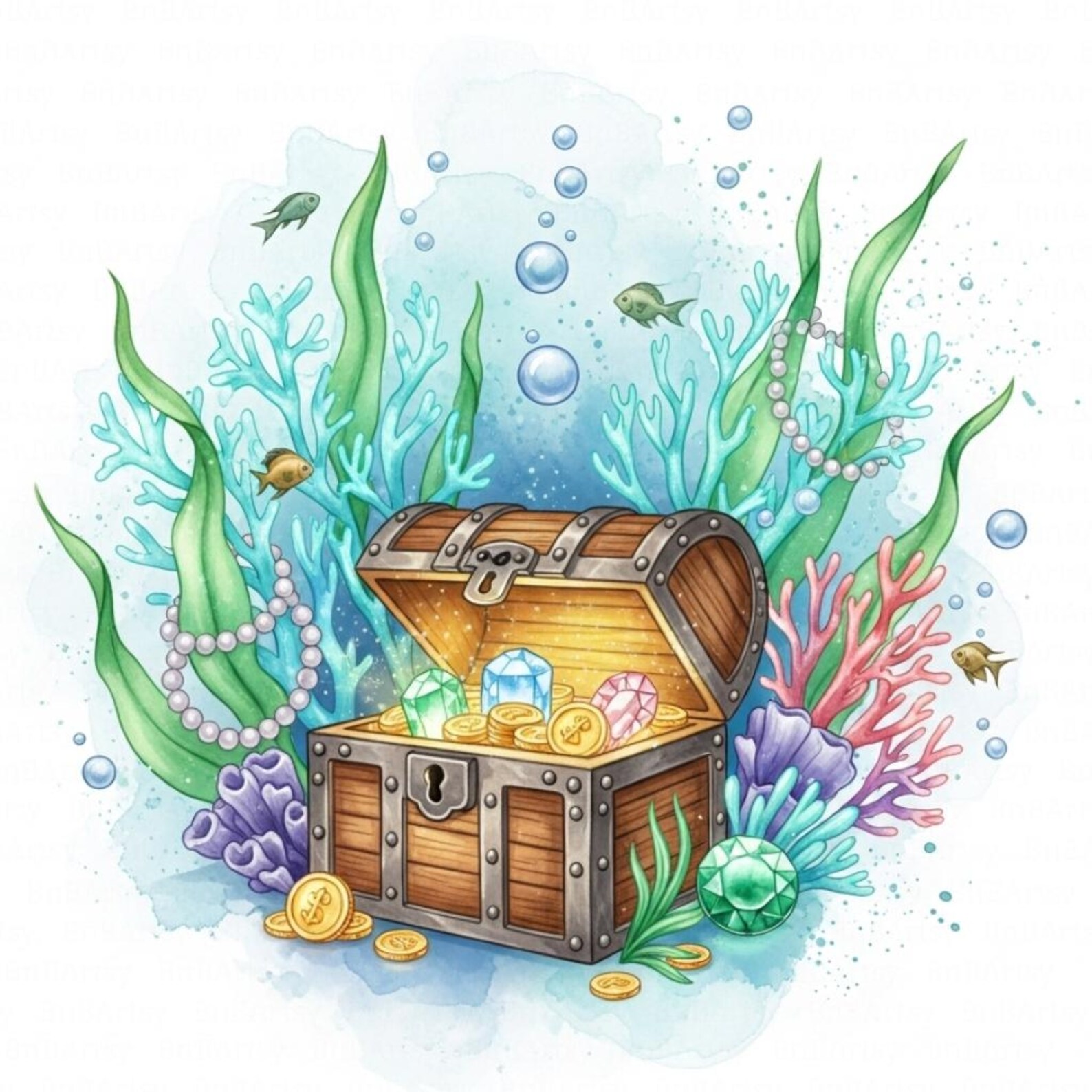 Treasure Chest Clipart, Watercolor Mermaid (digital Download ...
