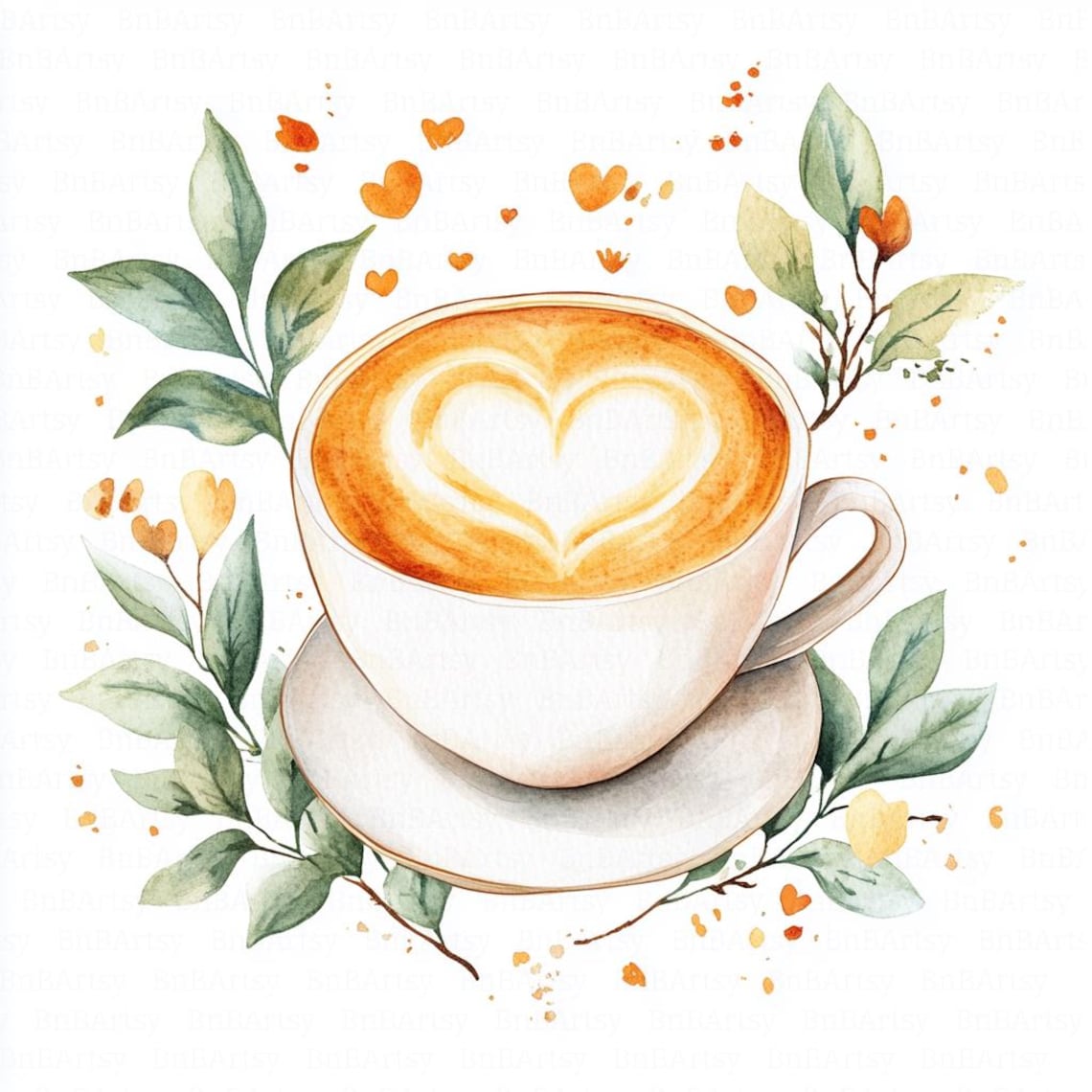 12 Coffee Latte Clipart, Heart Coffee Cup, Printable Watercolor Clipart ...
