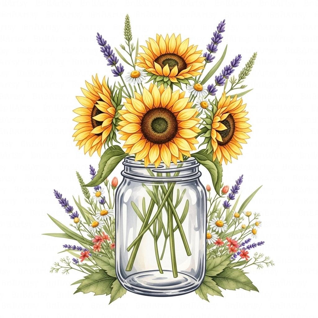 14 Sunflower Mason Jar Clipart, Rustic Sunflowers, Printable Watercolor ...
