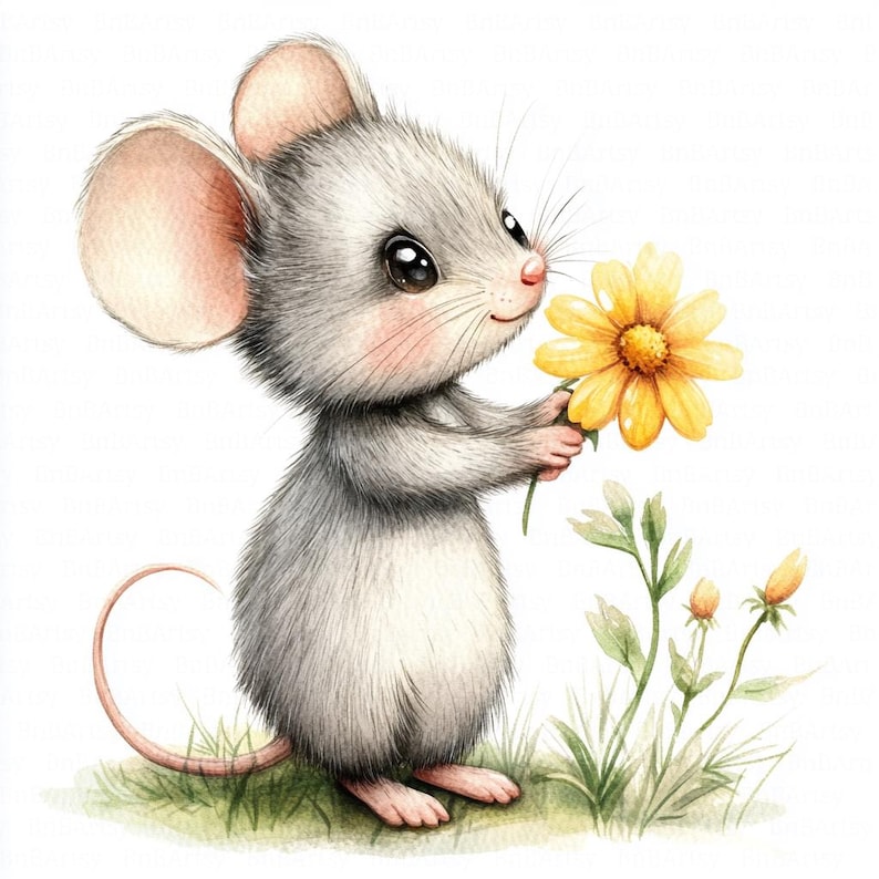 13 Cute Mouse With Flower Clipart, Floral Mouse, Printable Watercolor ...