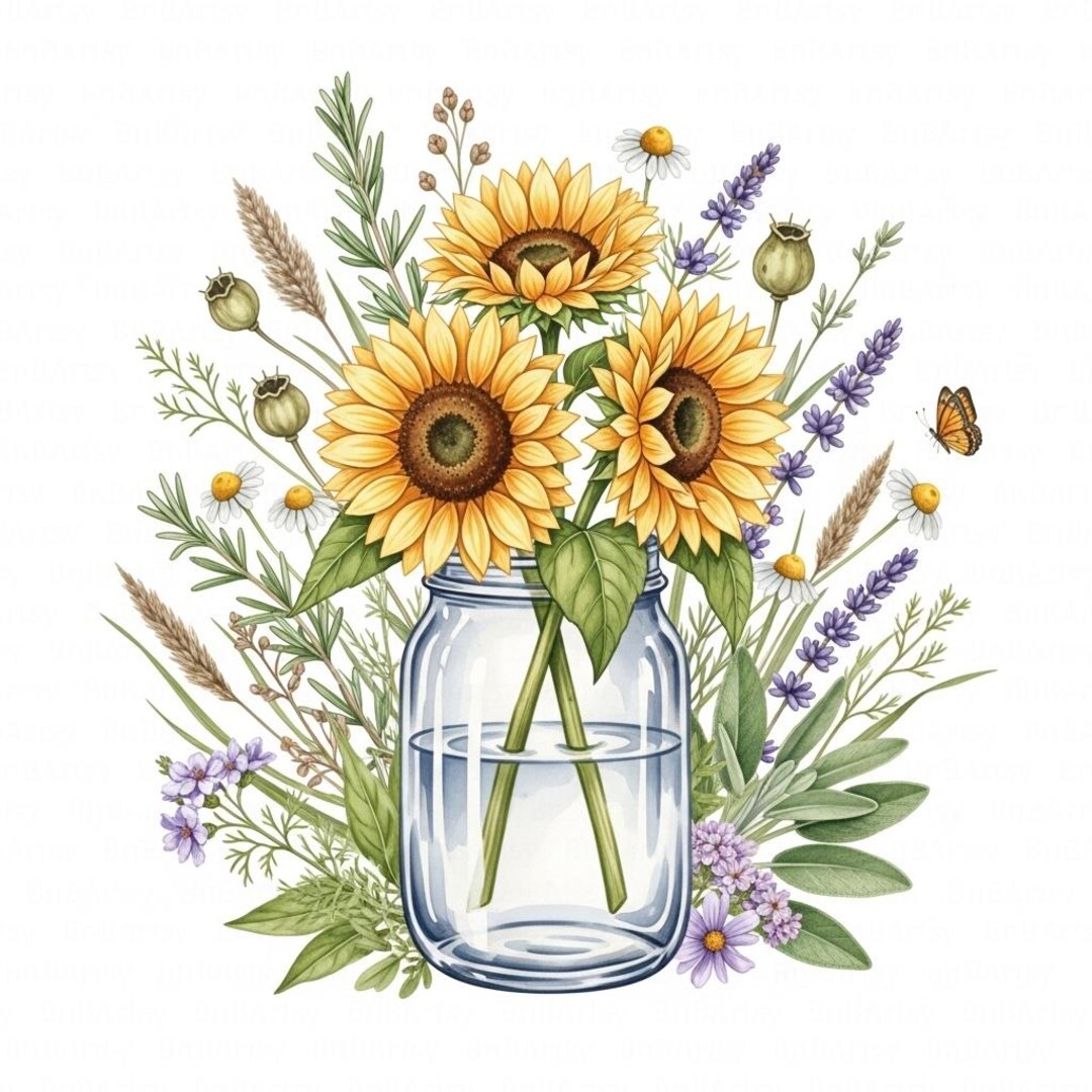 14 Sunflower Mason Jar Clipart, Rustic Sunflowers, Printable Watercolor ...