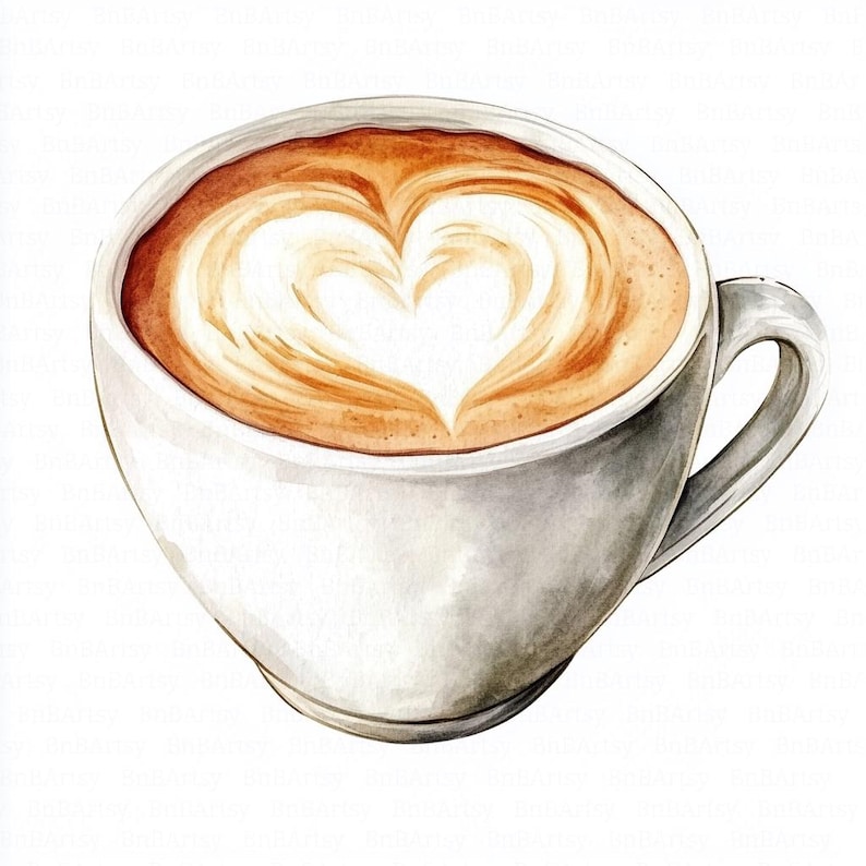 12 Coffee Latte Clipart, Heart Coffee Cup, Printable Watercolor Clipart ...