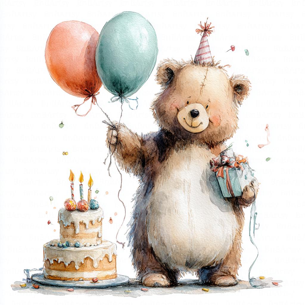 11 Cute Baby Bear Birthday Clipart, Party Clipart, Printable Watercolor ...