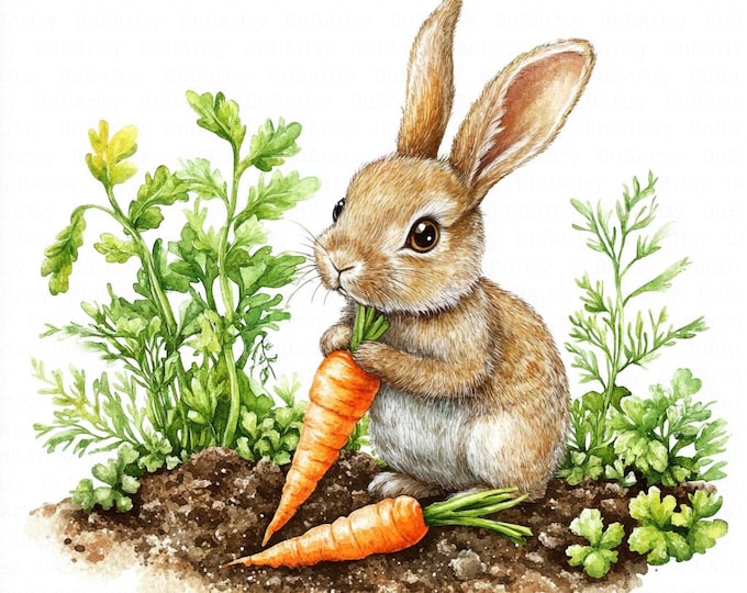 12 Bunny Watering Carrot Clipart | Garden Themed Digital Illustration ...