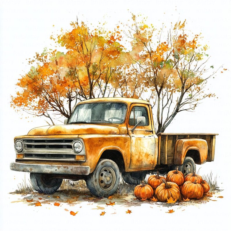 11 Golden Pumpkin Truck Clipart, Fall Truck, Printable Watercolor ...