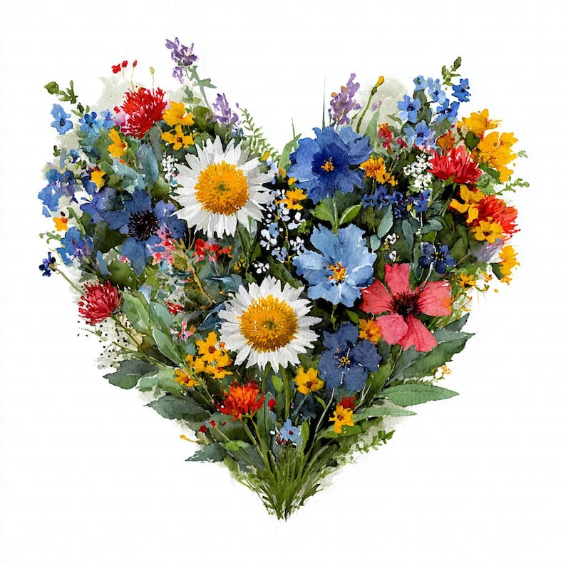 13 Wildflower Heart Clipart, Floral Wreath Clipart, Printable ...