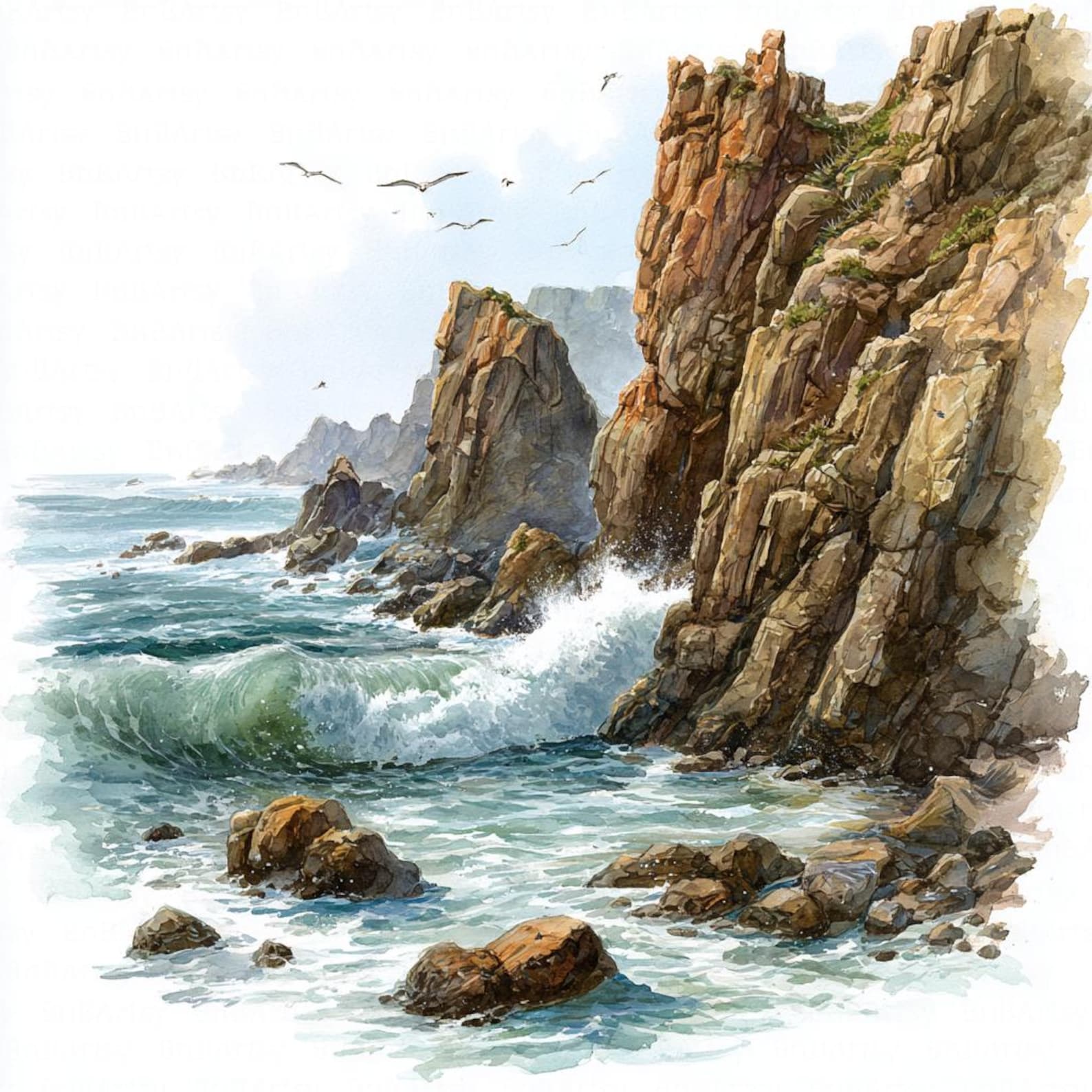 Watercolor Coastal Cliff Clipart, 10 Printable Rugged Shoreline ...
