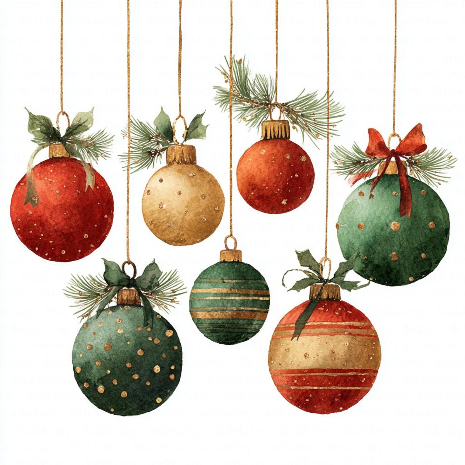 11 Hanging Christmas Ornaments Clipart, Christmas Bauble. Printable ...