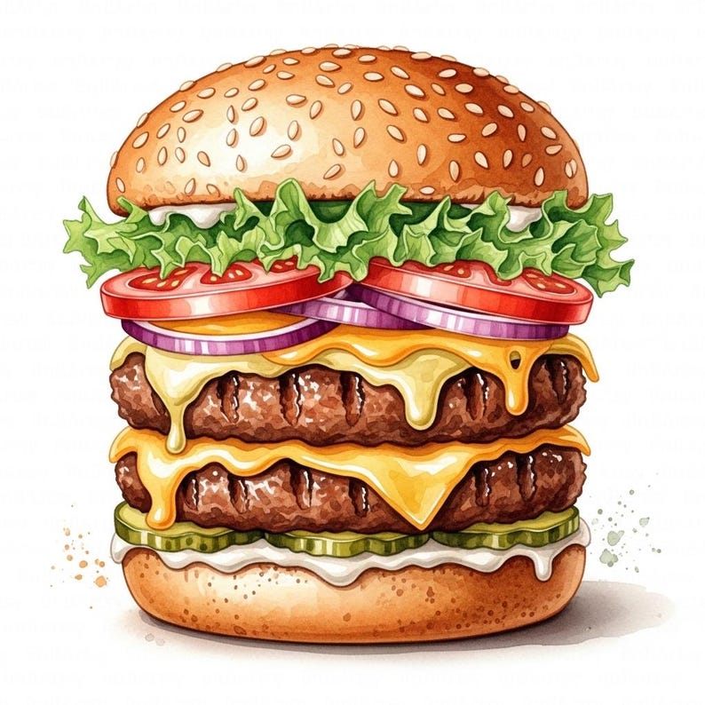 Classic Cheeseburger, Printable Watercolor Food Clipart (digital ...
